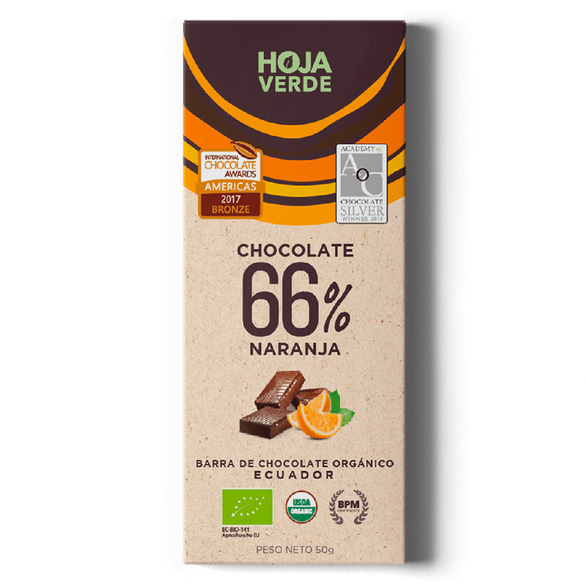 Barra de Chocolate Saborizado 66% Naranja – Hoja Verde Chile